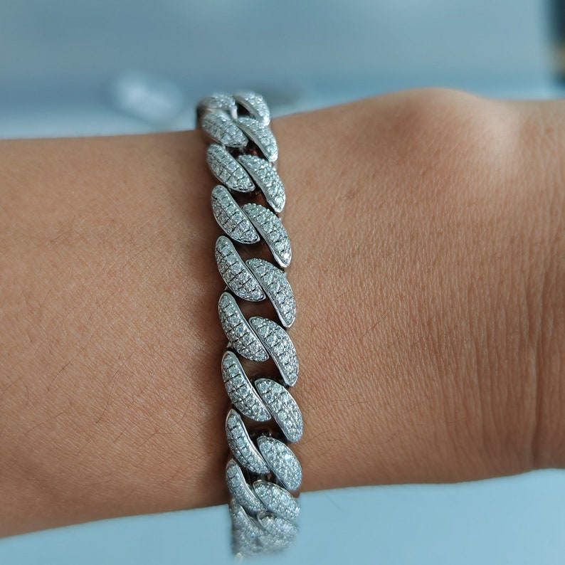 Moissanite Prong Cuban Link Chain SOLID 925 Sterling Silver Rhodium ...