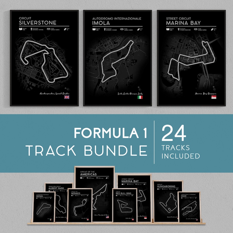 2025 F1 Track Posters, Black Formula 1 Wall Art Poster Bundle, F1 ...
