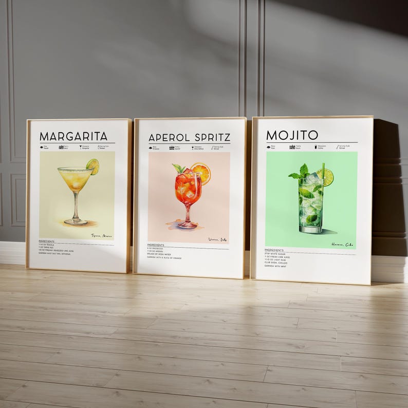 Cocktail Print Set of 12 | Bar Cart Wall Art, Drink Recipe Posters ...