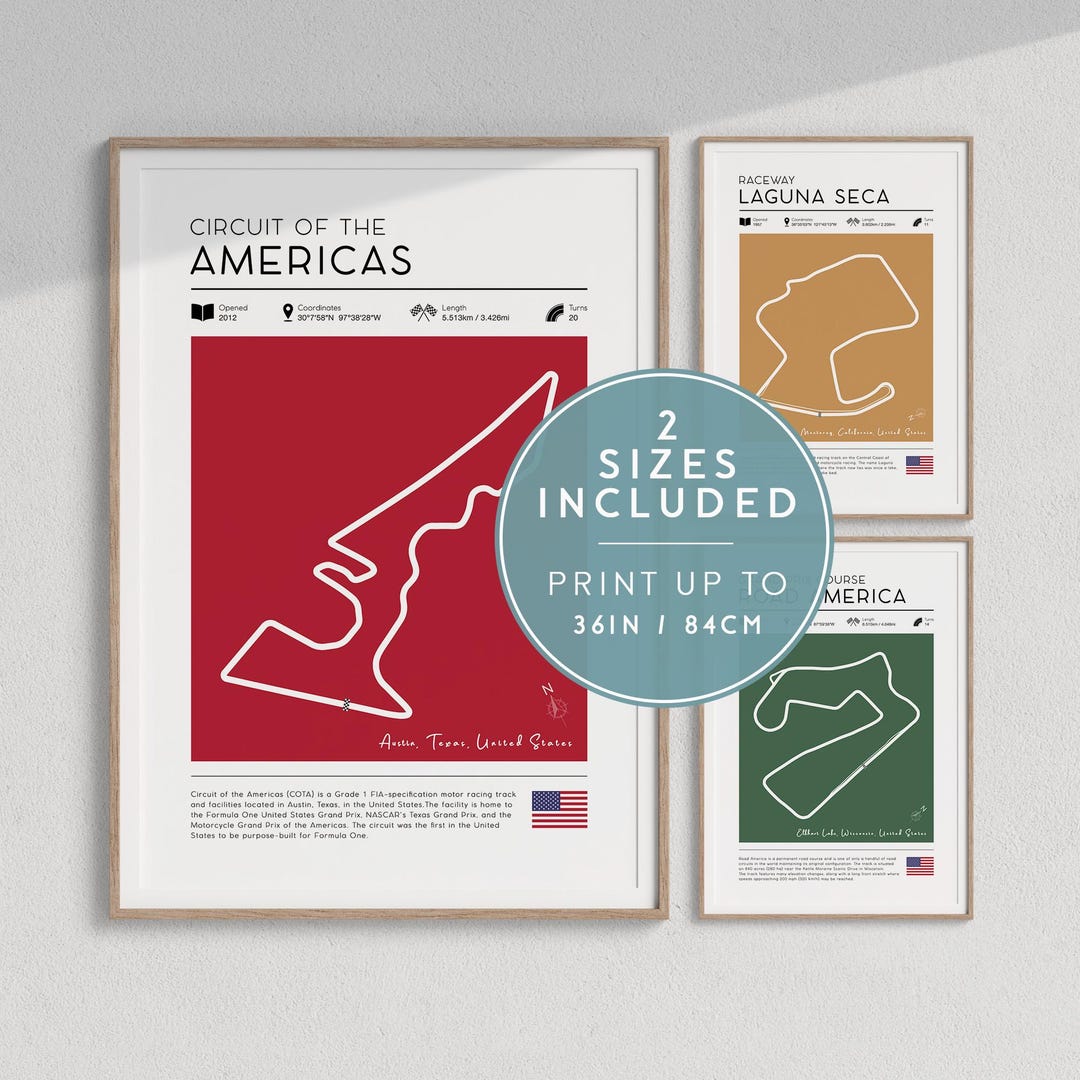 Motorsport Track Poster Set of 3, Road America, COTA, Laguna Seca ...