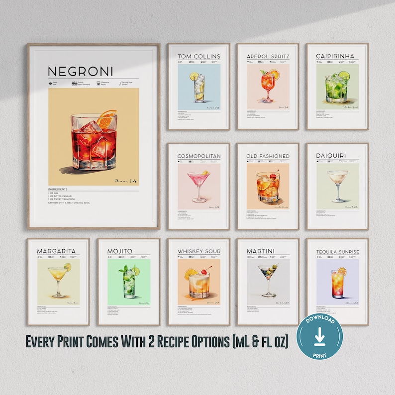 Cocktail Print Set of 12 | Bar Cart Wall Art, Drink Recipe Posters ...