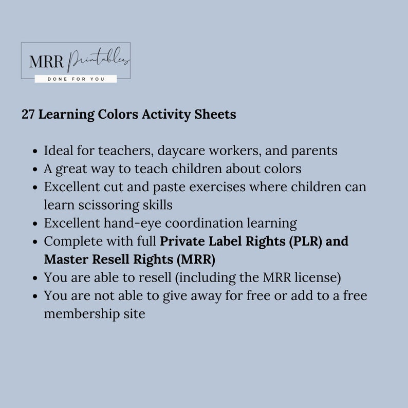 PLR Learning Colors Activity Sheets for Kids With Master Resell Rights ...