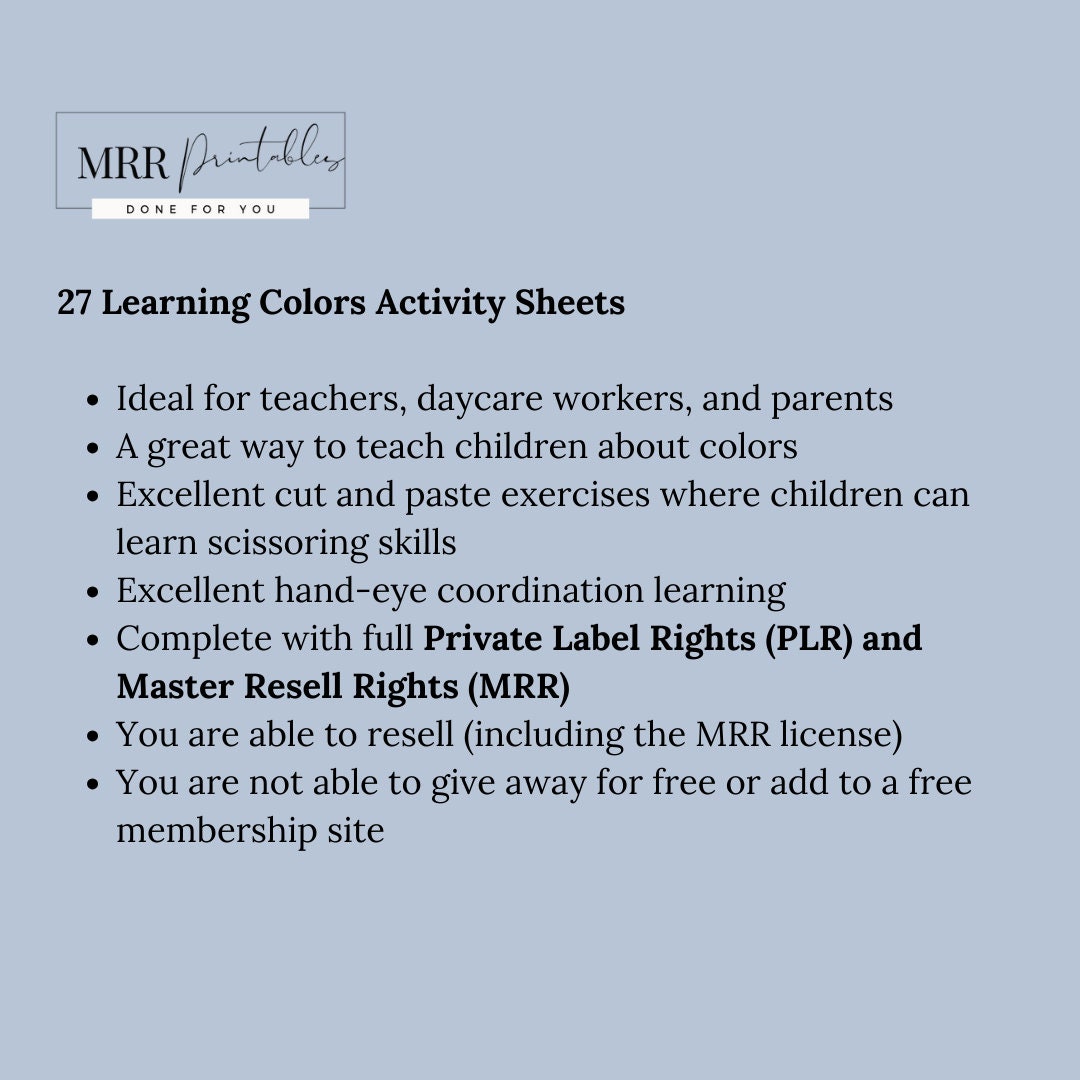 PLR Learning Colors Activity Sheets for Kids With Master Resell Rights ...