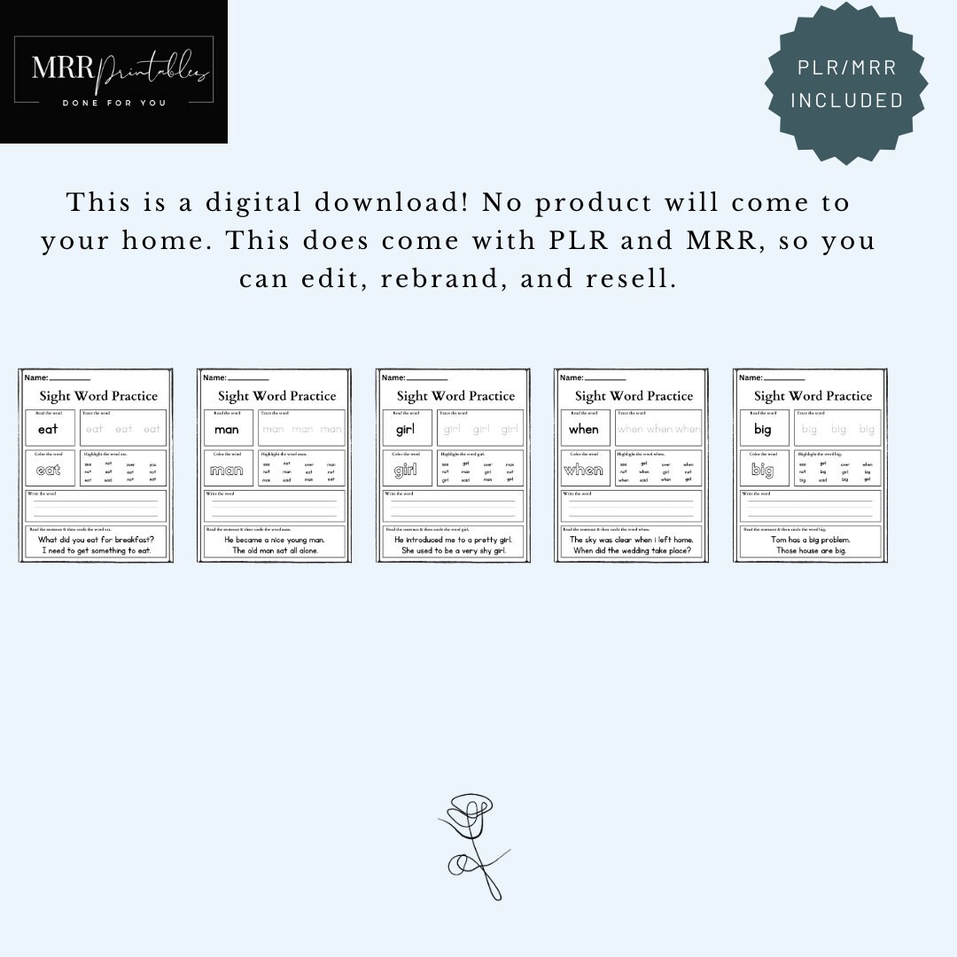 PLR Sight Words Educational Worksheets, With Master Resell Rights ...