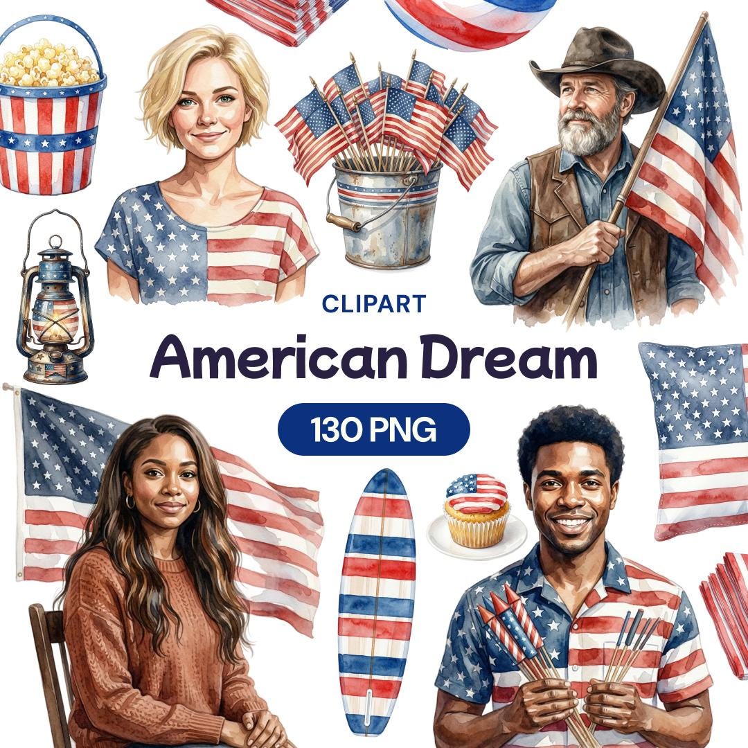 American Dream Clipart, Watercolor 4th of July PNG, Patriotic People ...