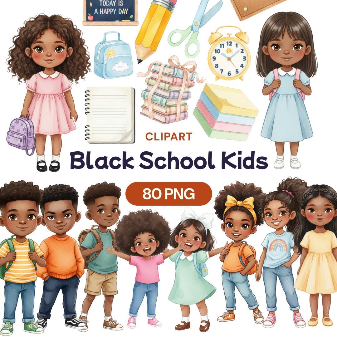 Black School Kids Clipart, 80 African American Children PNG, Back to ...