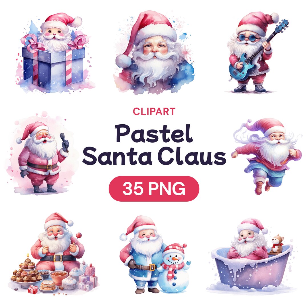 Pastel Santa Claus Clipart, Cute Father Christmas Watercolor PNG Bundle ...