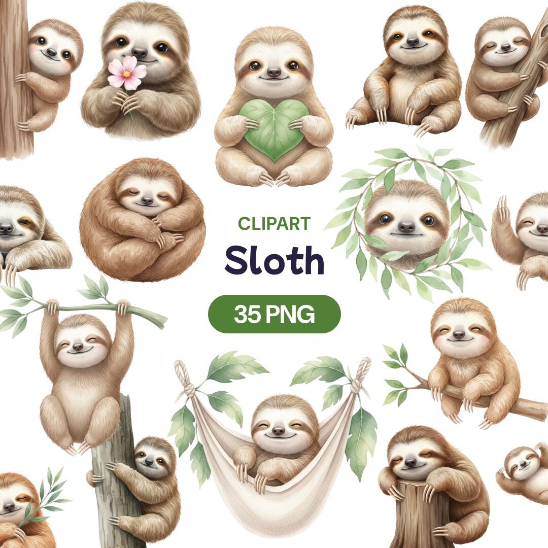 Watercolor Sloth Clipart, 35 Cute Animal PNG, Baby Nursery Art, Jungle ...