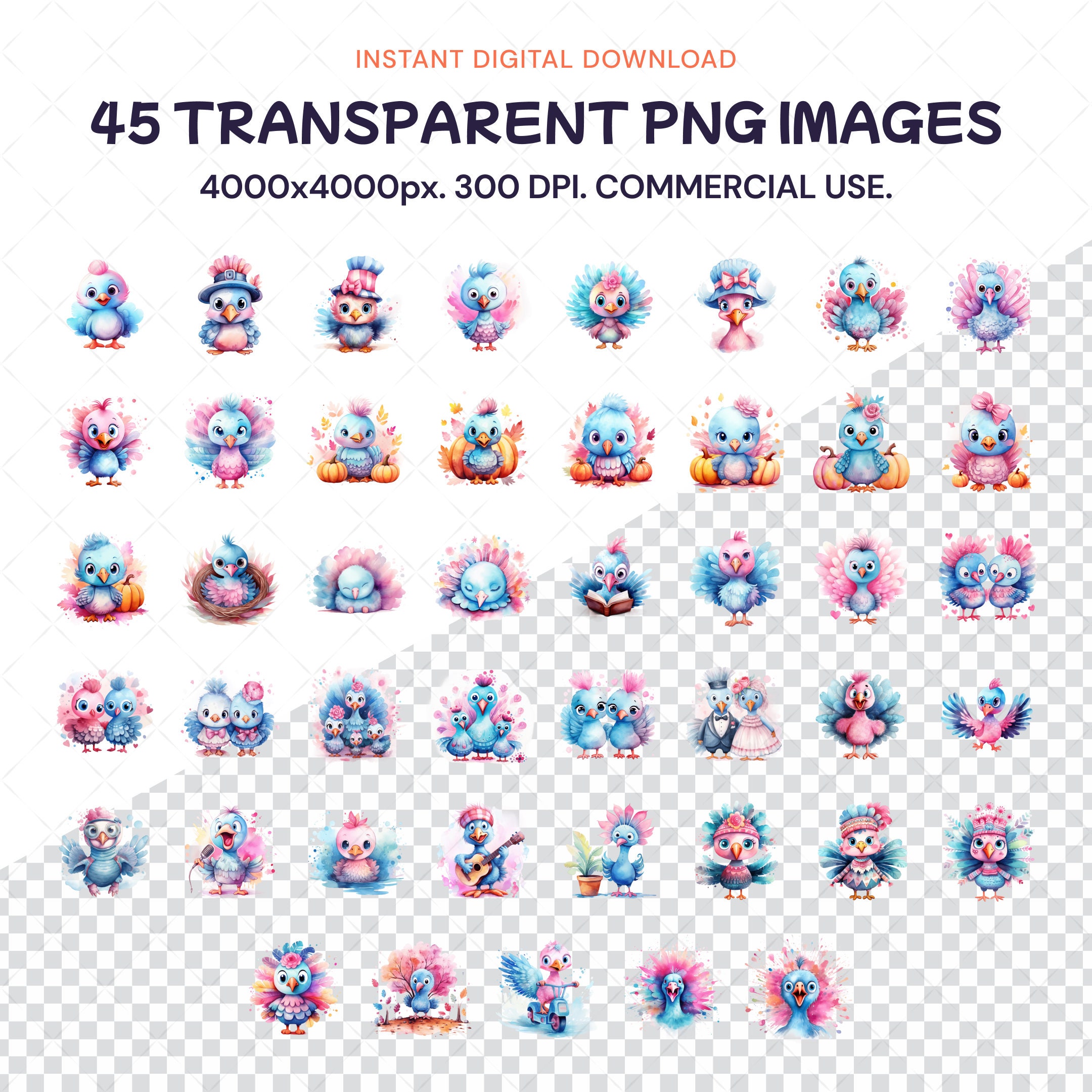 Watercolor Turkey Clipart, Cute Thanksgiving Autumn Feather PNG Bundle ...