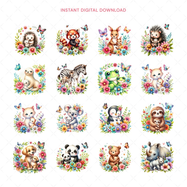 Mother and Baby Animals Clipart, Cute Watercolor Mother's Day PNG ...