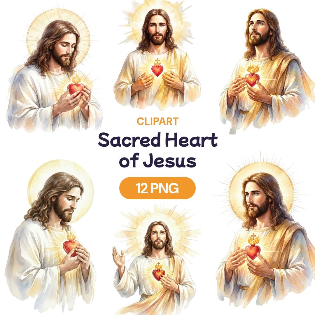 Sacred Heart Jesus Clipart, 12 Catholic PNG, Watercolor Christ Portrait ...