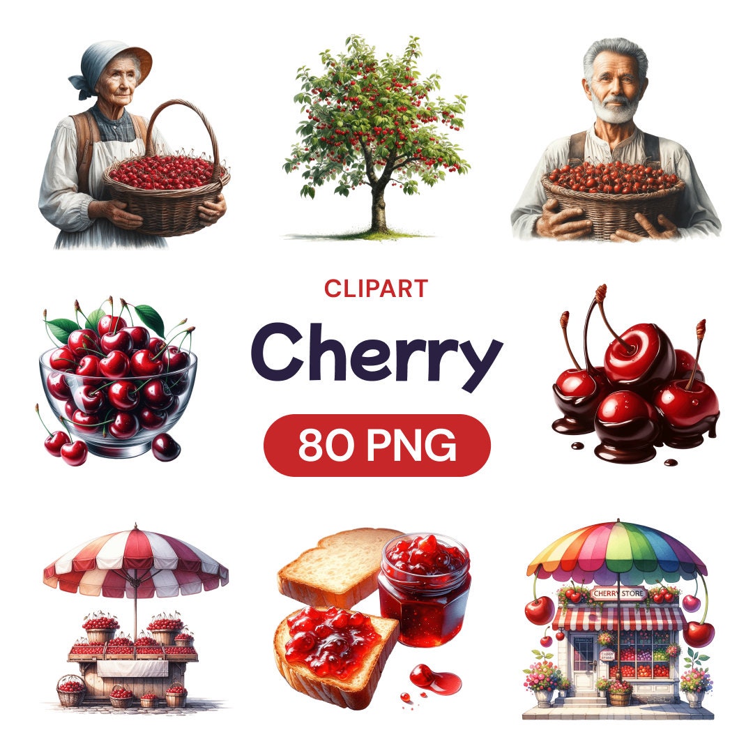 Cherry Watercolor Clipart, Cute Fruit Basket, Summer Pie Desserts ...