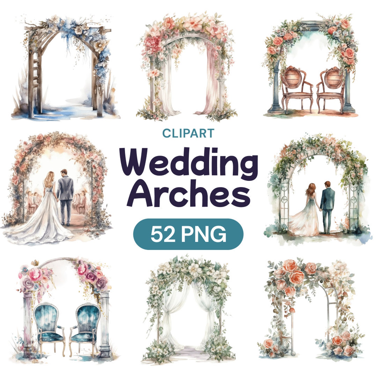 Wedding Arch Clipart, Watercolor Floral Archway Transparent PNG Digital ...