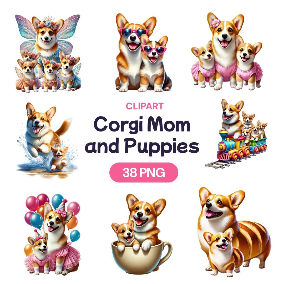 Corgi Mom and Puppies Clipart, Cute Watercolor Mother's Day PNG Digital ...