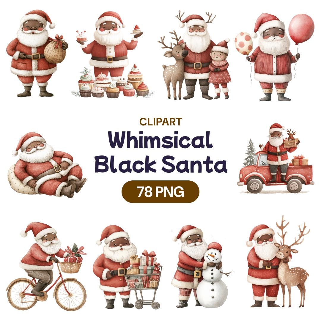 Whimsical Black Santa Clipart, Cute Watercolor African American Dad ...