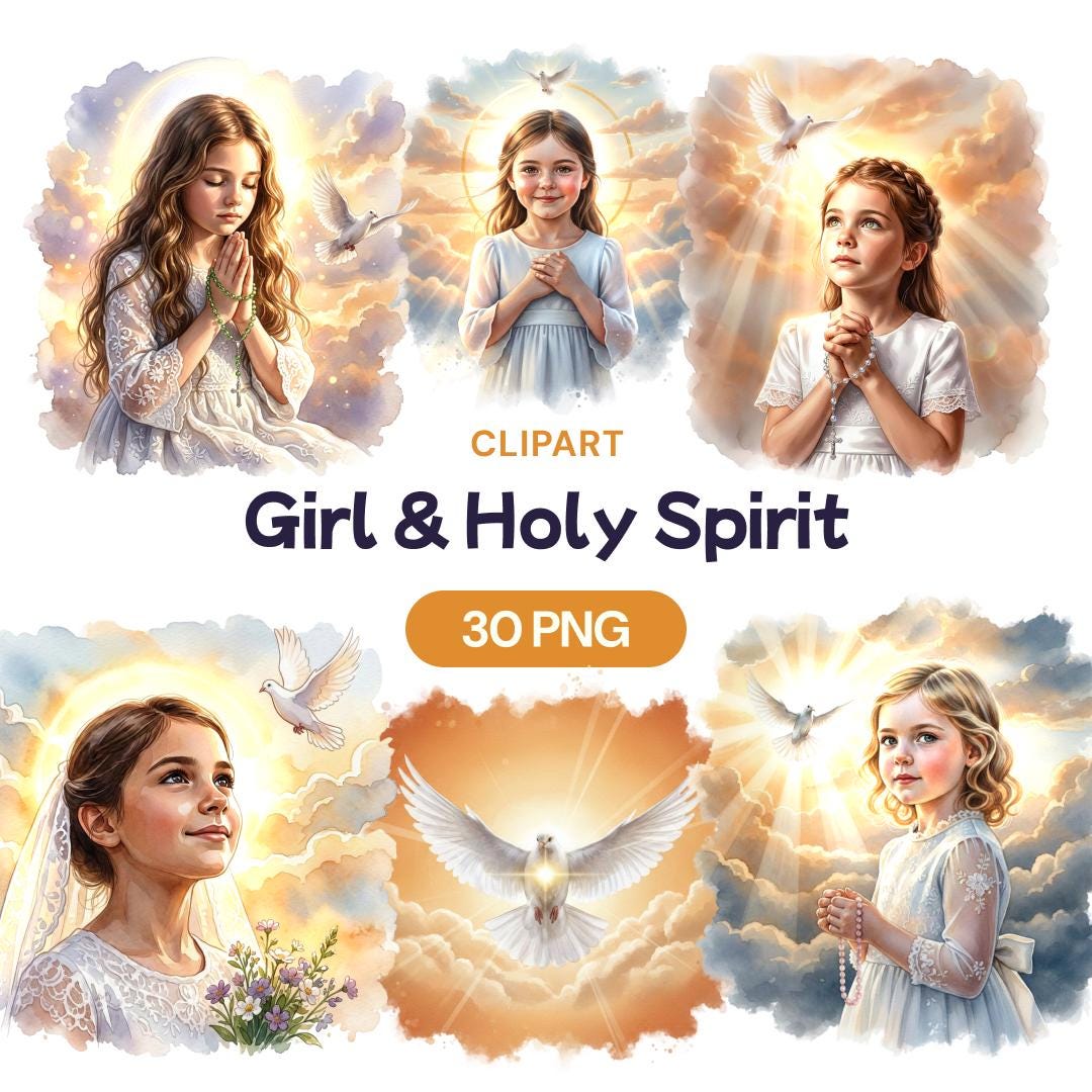 Girl & Holy Spirit Clipart, Watercolor First Communion PNG, Catholic ...