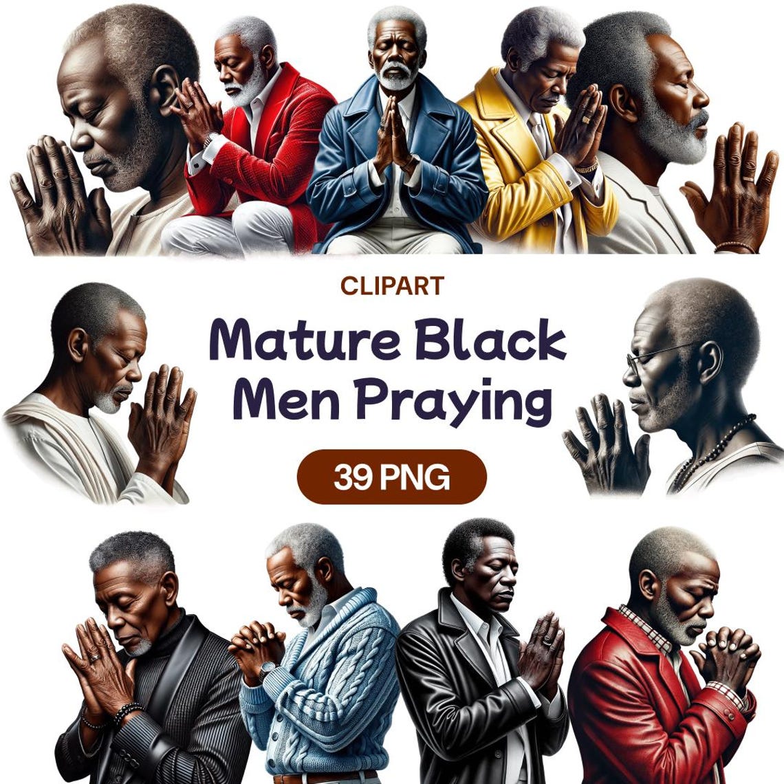 Mature Black Men Praying Clipart, Watercolor African American Religious ...