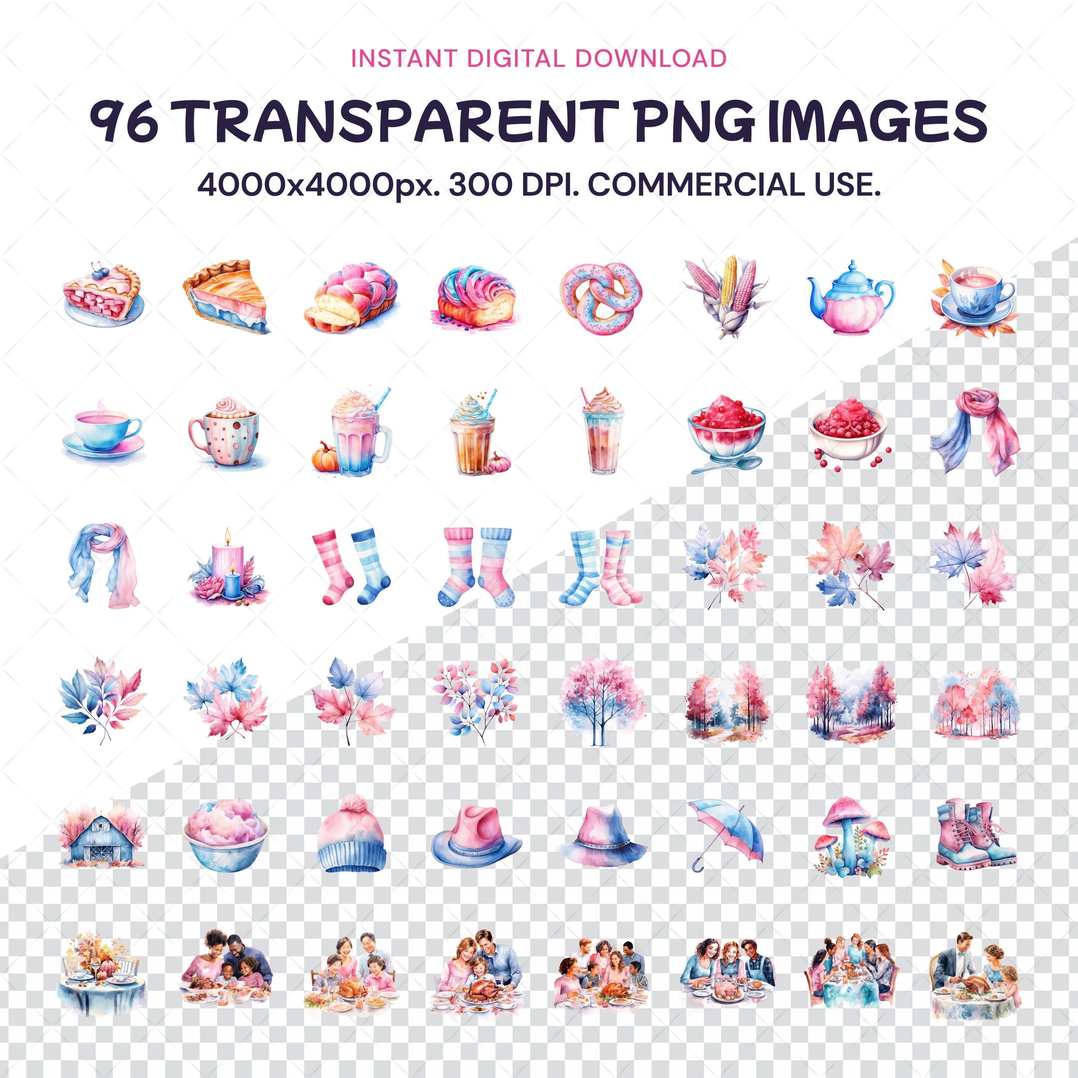 Pastel Thanksgiving Clipart, Cute Watercolor Turkey PNG Bundle, Autumn ...