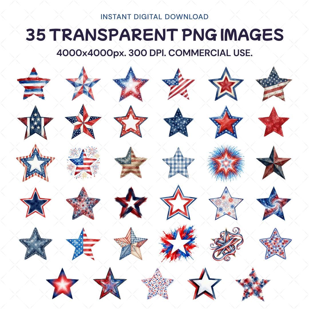 Patriotic Stars Clipart, Watercolor American Flag PNG, 4th of July ...