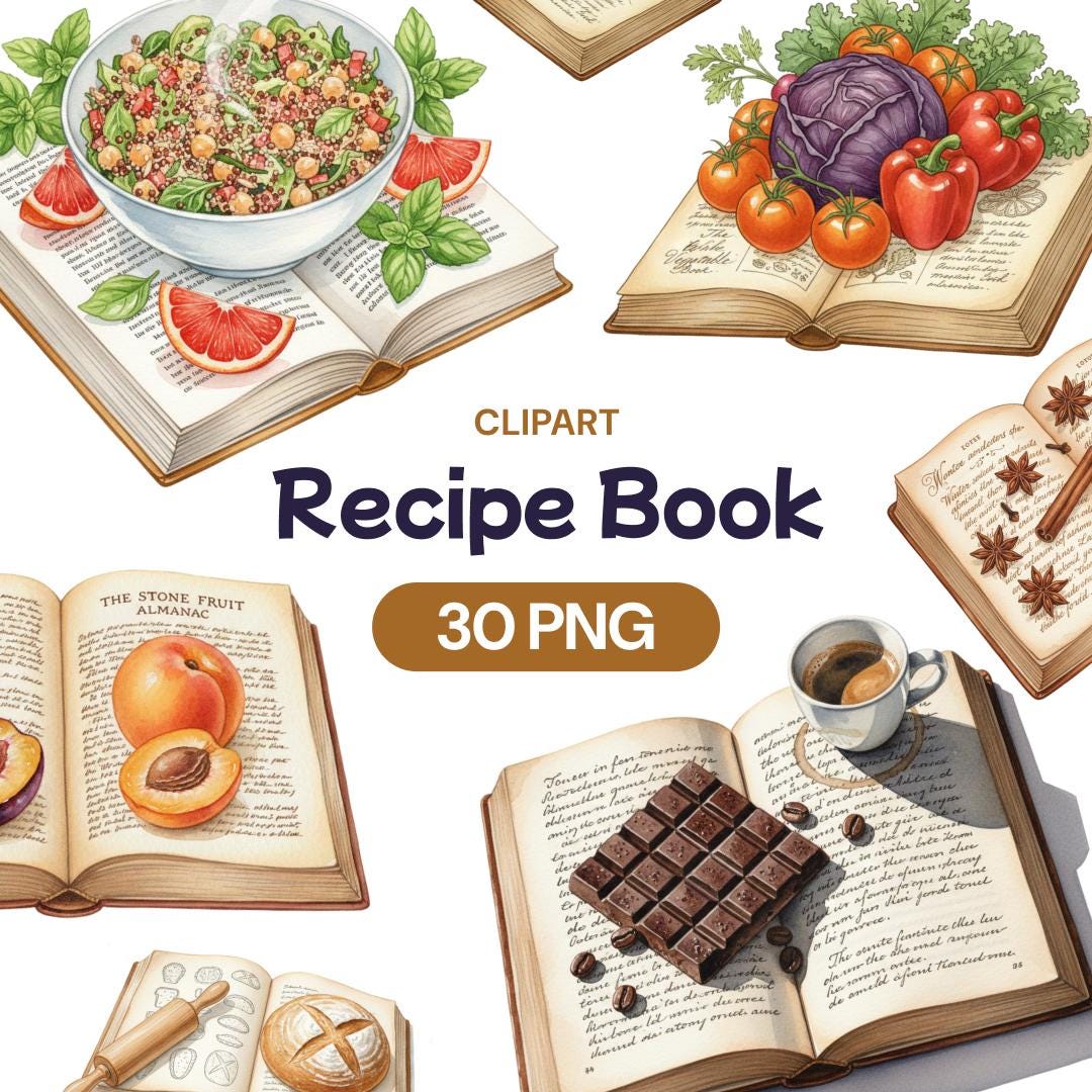 Recipe Book Clipart, Watercolor Cookbook PNG, Open Journal Art, Vintage ...