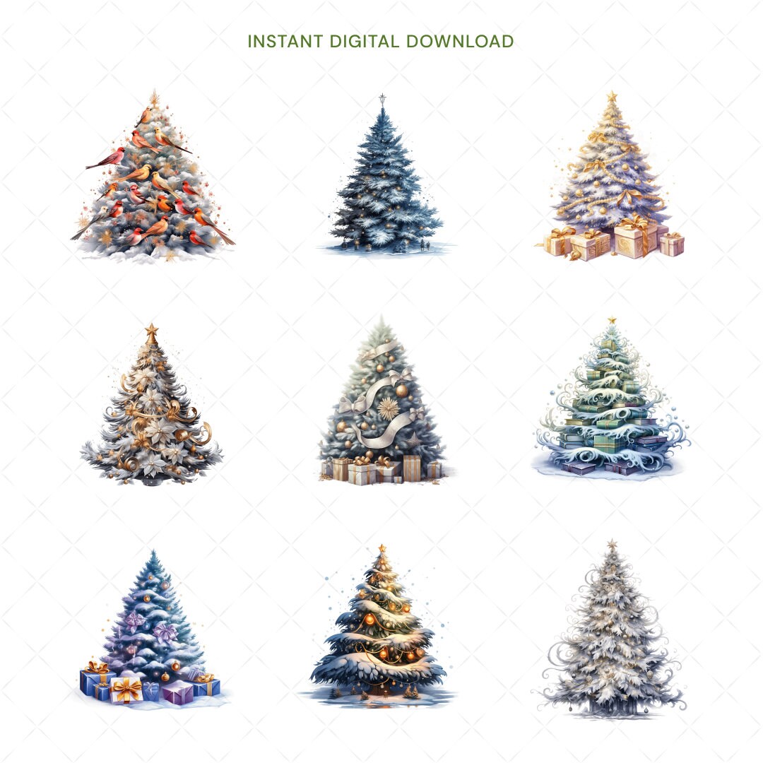 Christmas Trees Clipart, Cute Winter Watercolor PNG Bundle, Kawaii Xmas ...