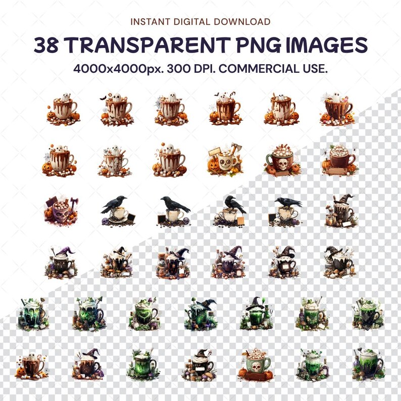 Halloween Coffee Clipart, Cute Watercolor Hot Choco Drink PNG, Scary ...