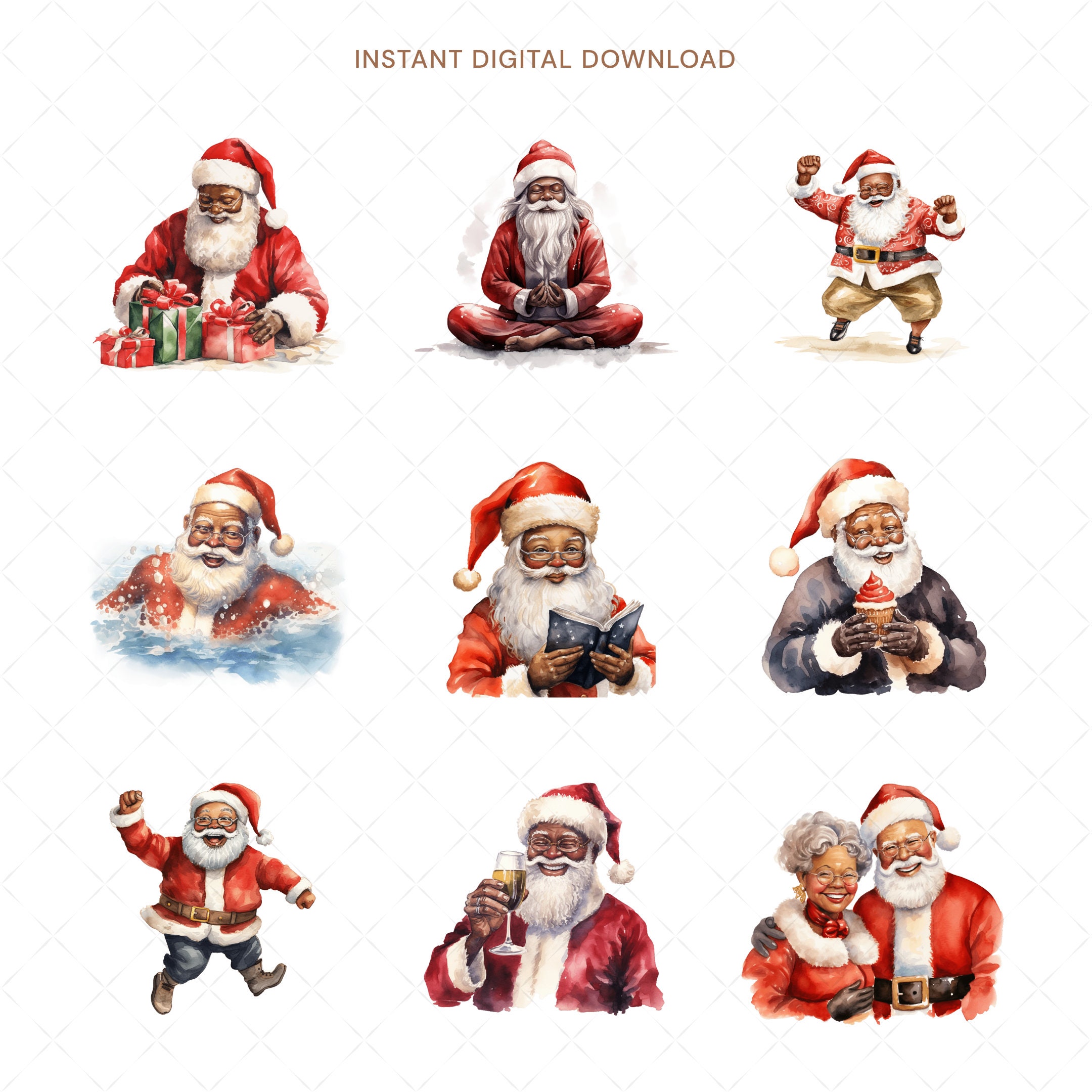 Black Santa Claus Clipart, Cute Watercolor African American Father ...