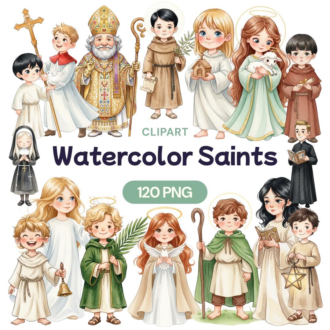Cute Watercolor Saints Clipart, Catholic Saint PNG, Christian Children ...