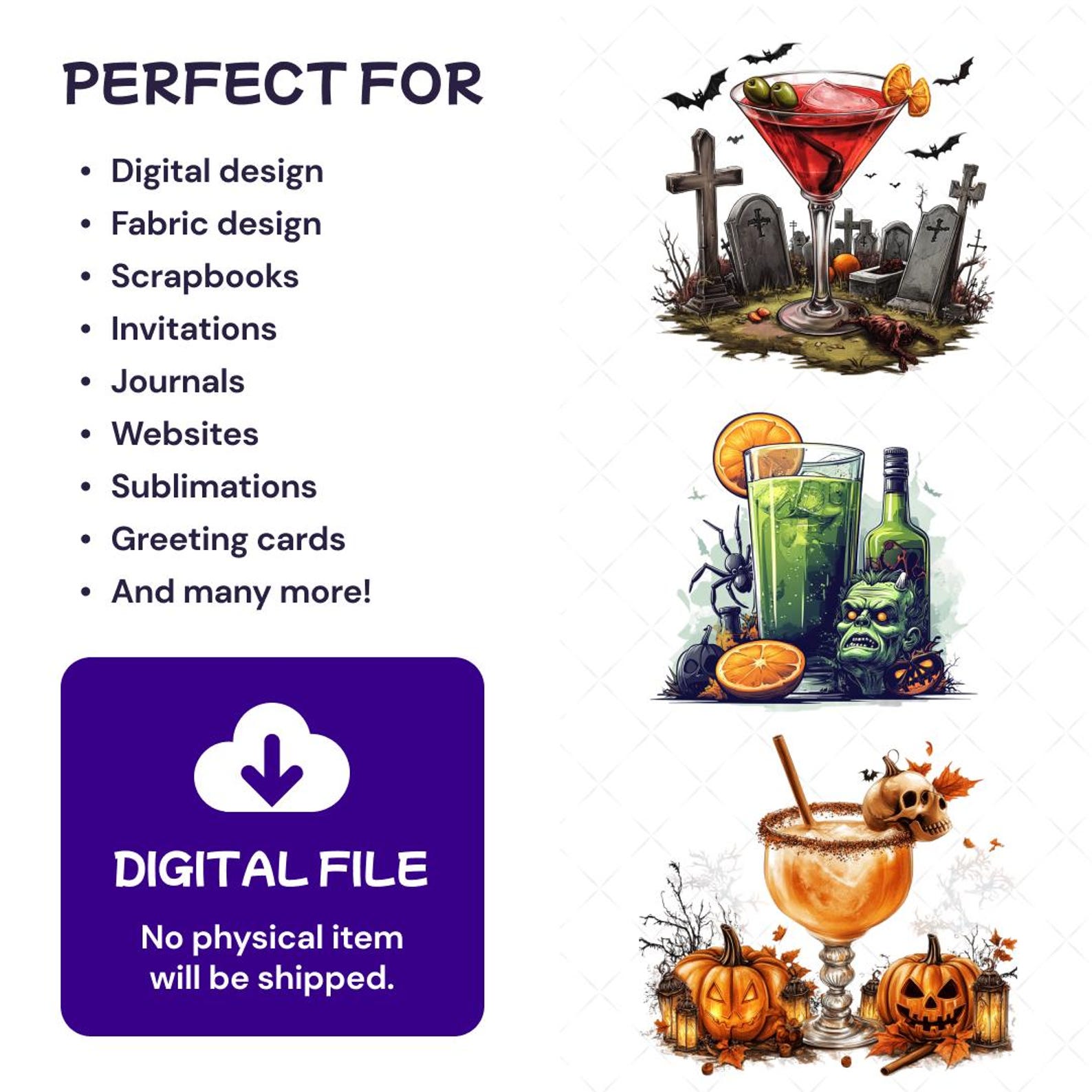 Watercolor Halloween Cocktail Clipart, Creepy Martini Drink Bar PNG ...