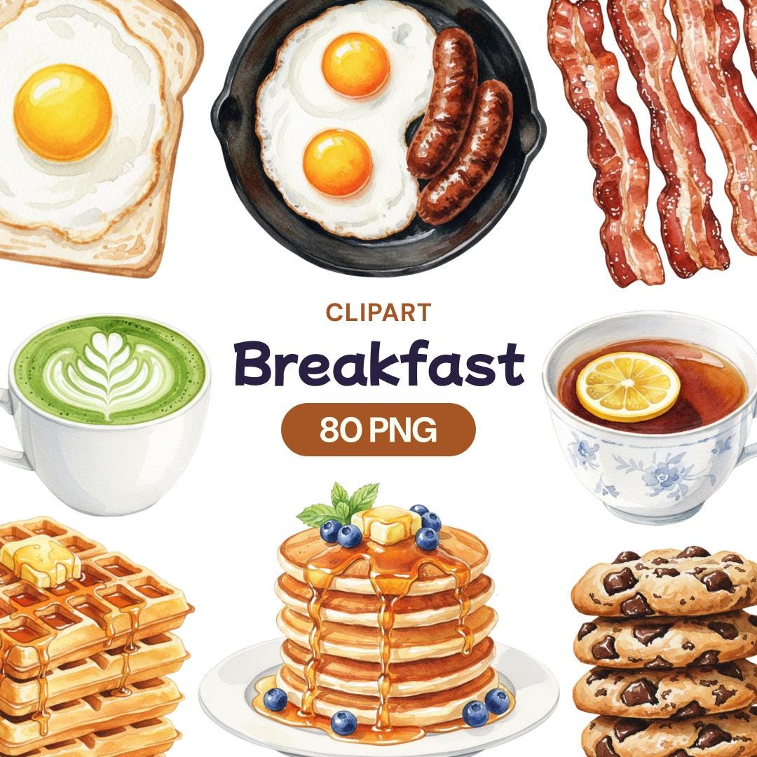 Breakfast Clipart, Watercolor Brunch PNG, Morning Food Bundle, Pancakes ...