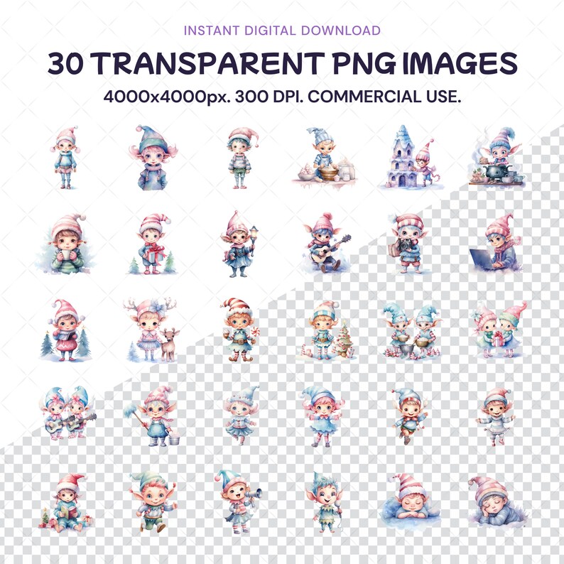 Pastel Christmas Elf Clipart, Cute Watercolor Xmas Elves PNG Bundle ...