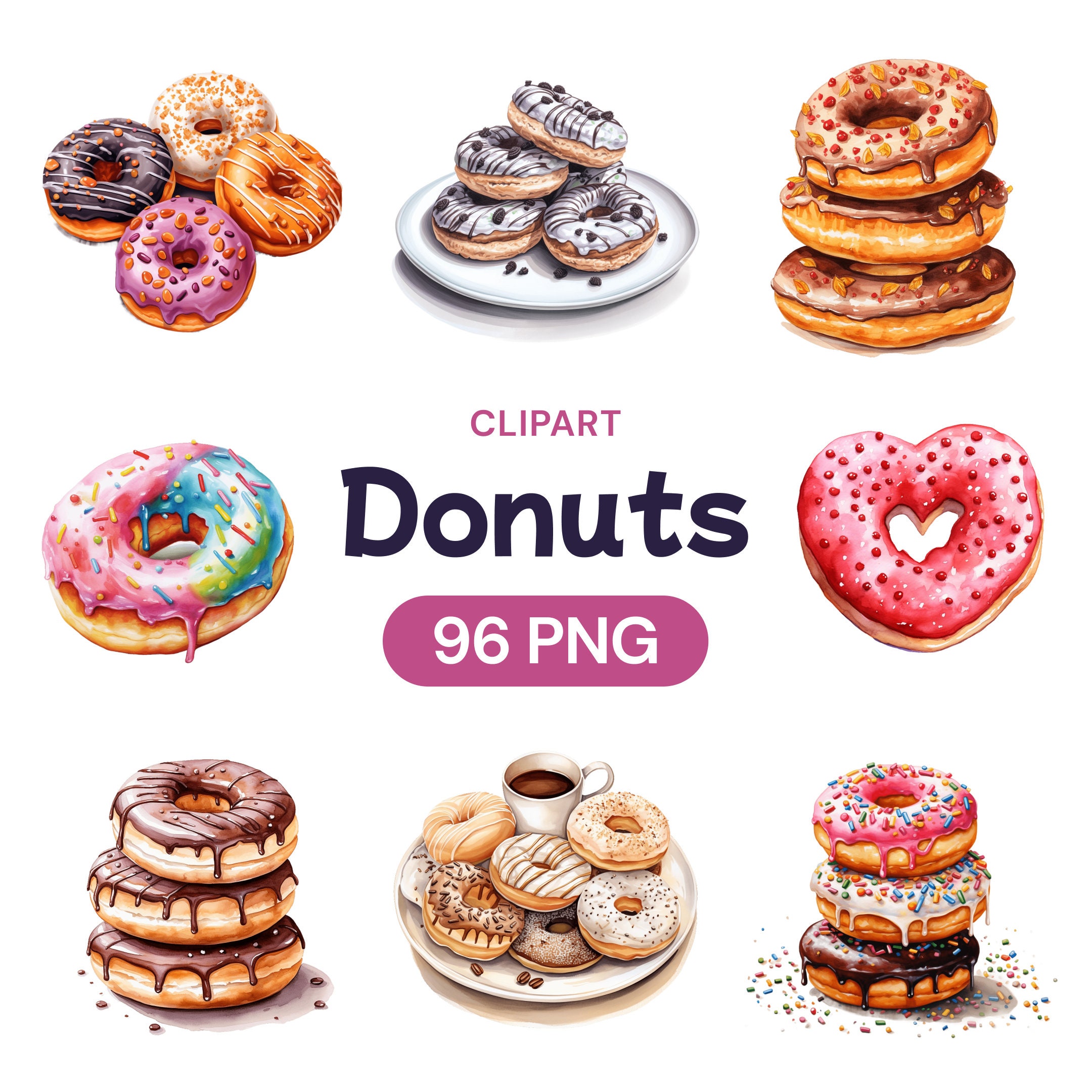 Watercolor Donut Clipart, Glazed Doughnut Transparent PNG Bundle, Sweet ...
