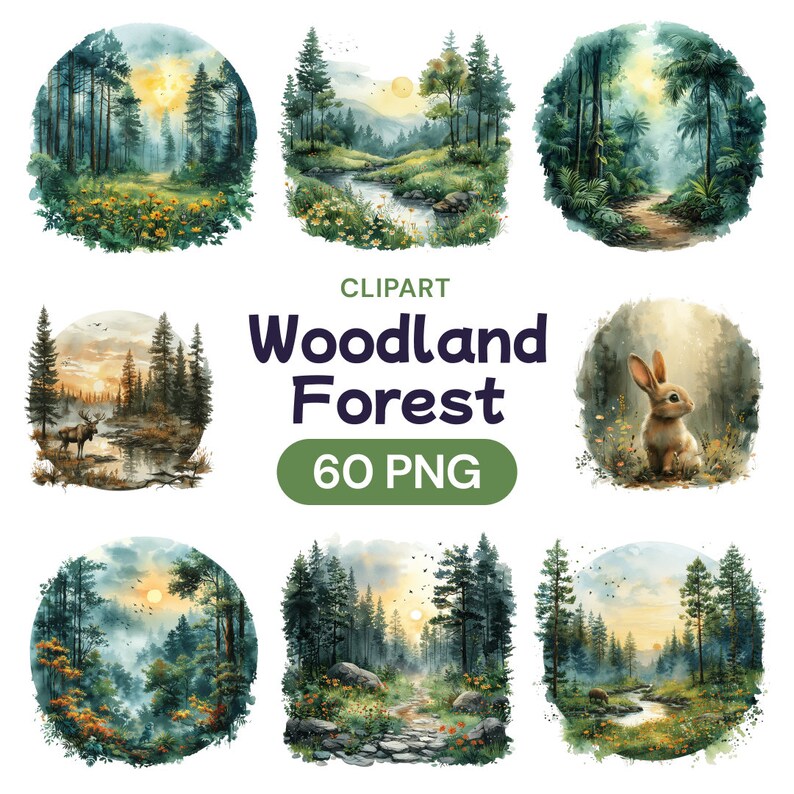 Woodland Forest Clipart, Watercolor Greenery Mountain Landscape PNG ...