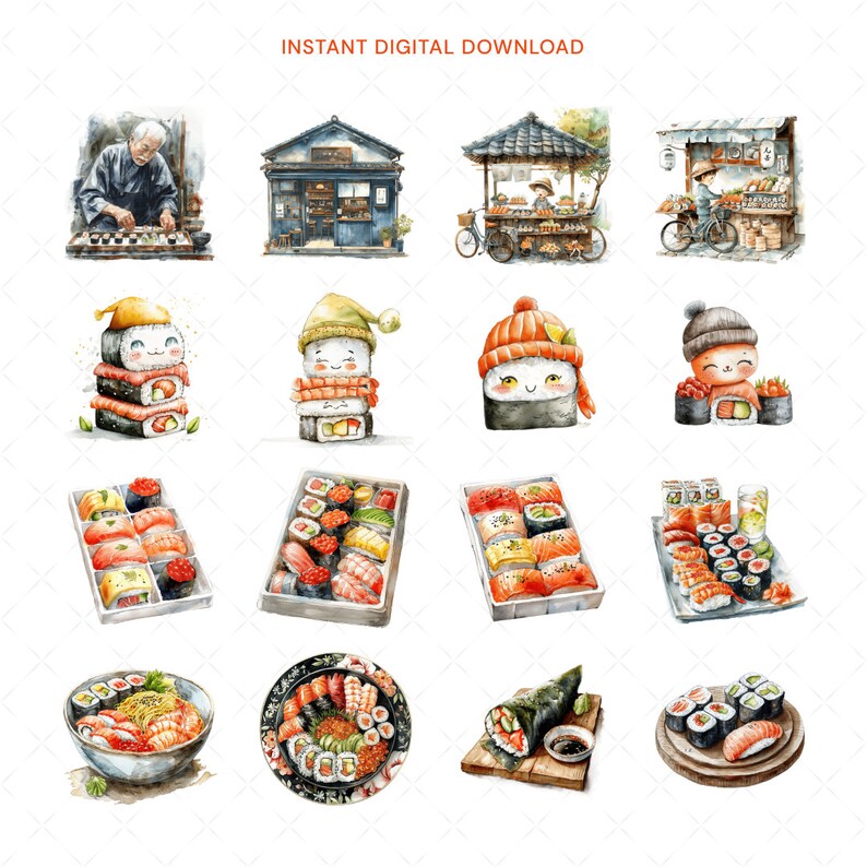 Cute Watercolor Sushi Clipart, Kawaii Japanese Asian Cuisine ...