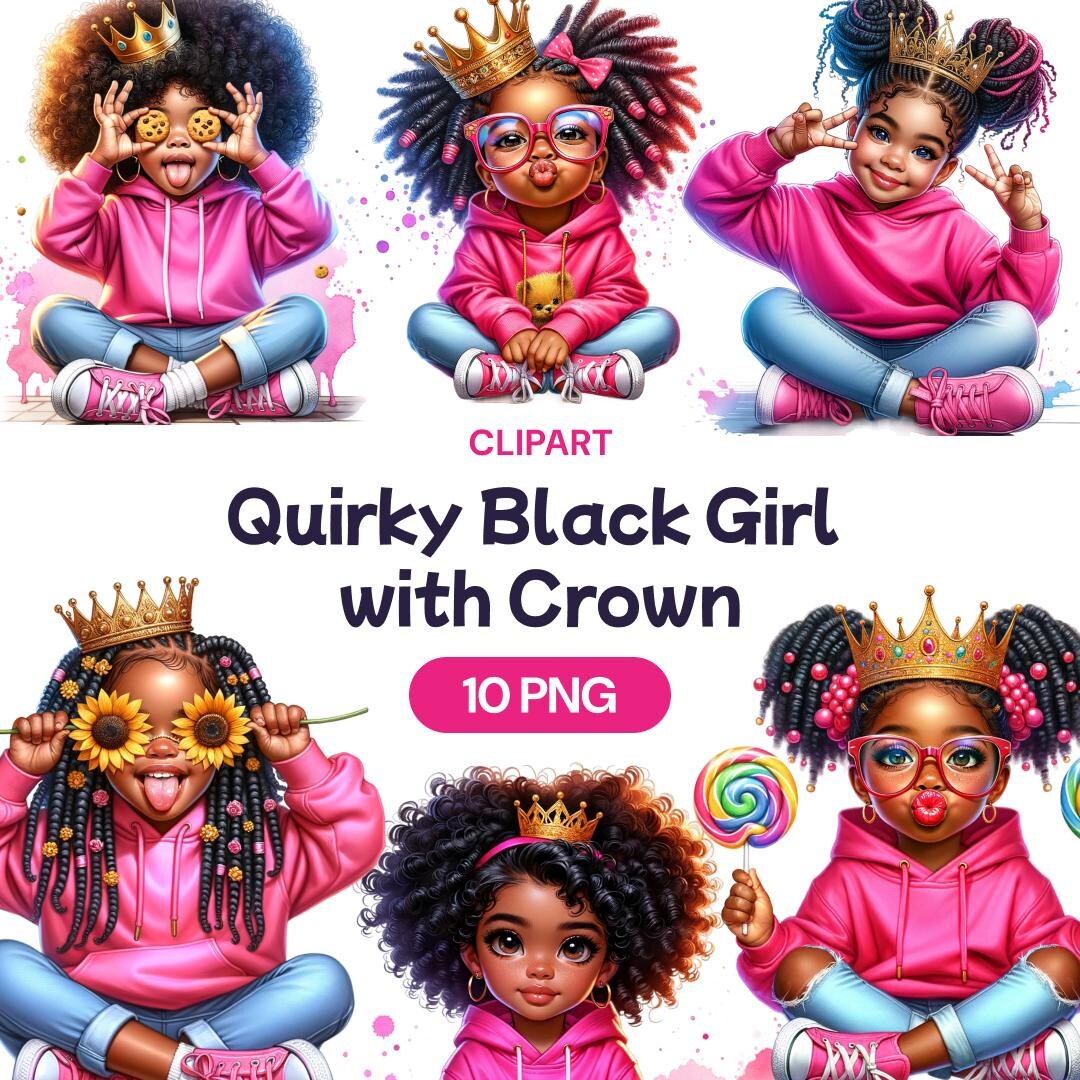 Quirky Little Black Girl With Crown Clipart, Watercolor African ...