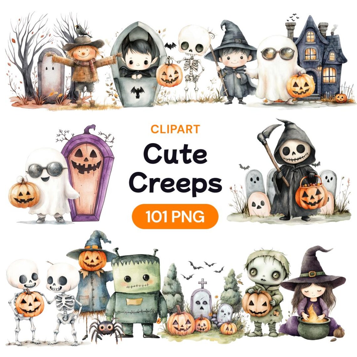 Cute Creeps Halloween Watercolor Clipart, Pumpkin Witch Monster PNG ...