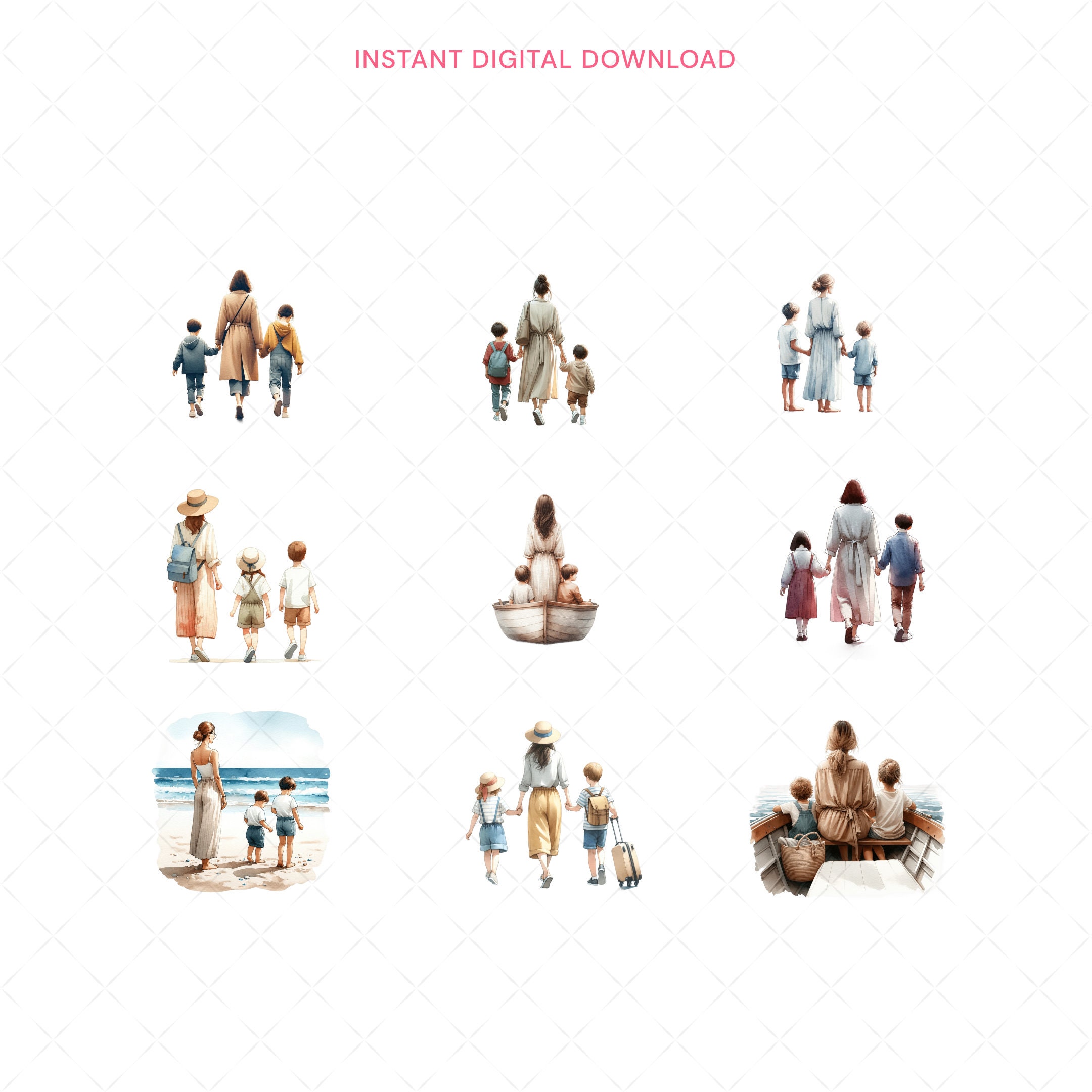 Back View Mom and Children Clipart, Cute Watercolor Mother's Day PNG ...