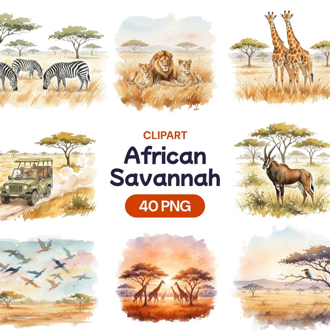 African Savannah Clipart, Safari Landscape PNG, Wild Animal Background ...