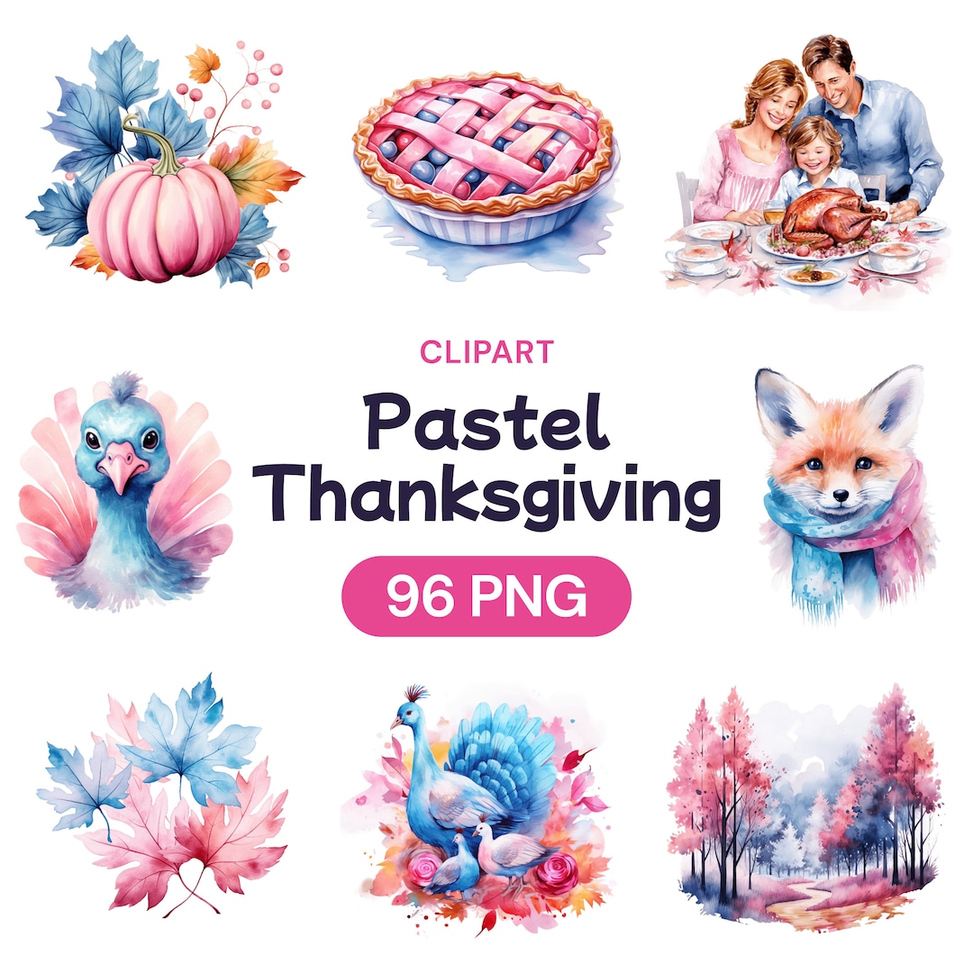 Pastel Thanksgiving Clipart, Cute Watercolor Turkey PNG Bundle, Autumn ...