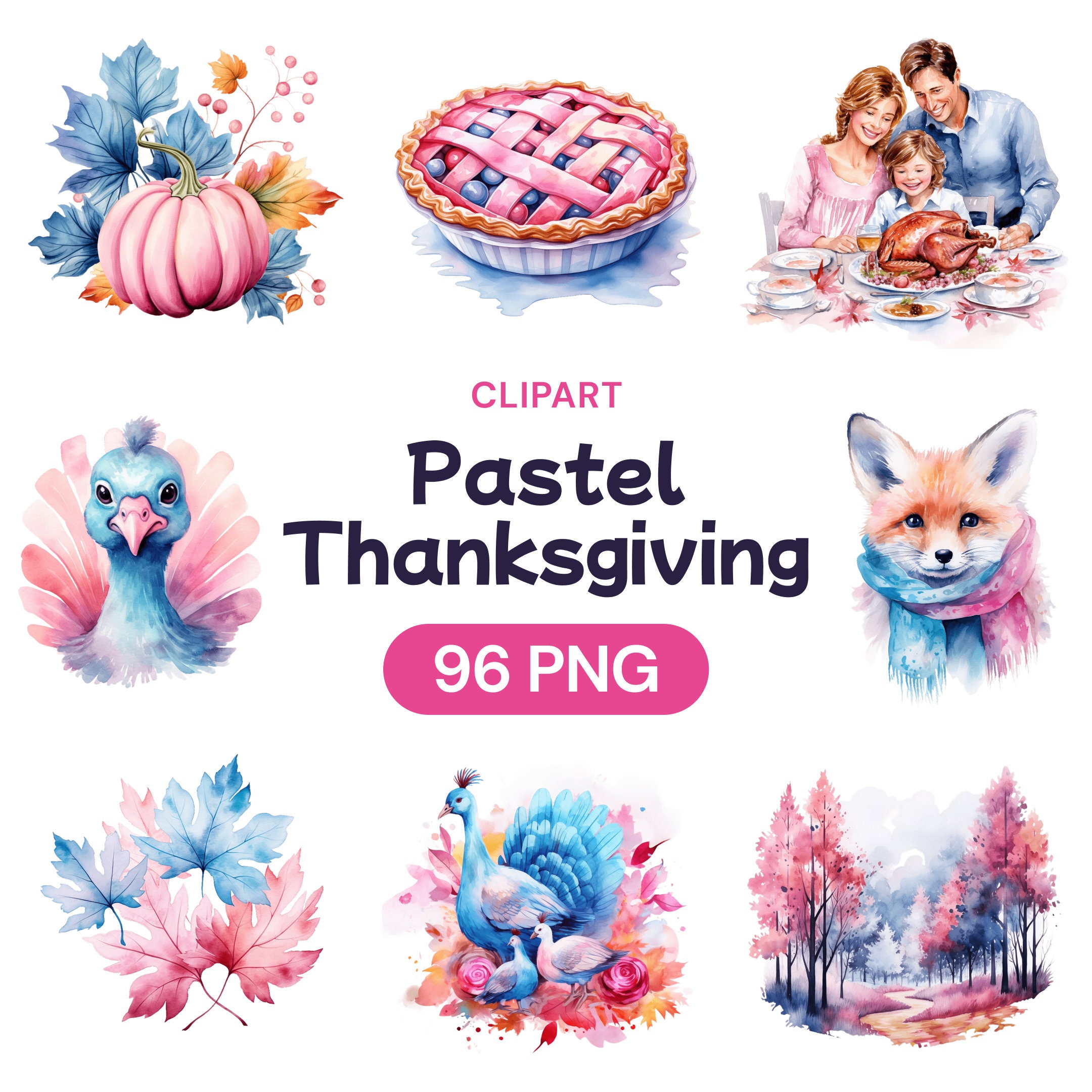 Pastel Thanksgiving Clipart, Cute Watercolor Turkey PNG Bundle, Autumn ...