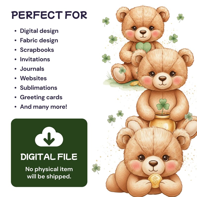 St Patricks Day Teddy Bear Clipart, Cute Irish Animal PNG, Shamrock ...
