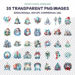 Christmas Clipart PNG, Xmas Watercolor Transparent Bundle Digital File ...