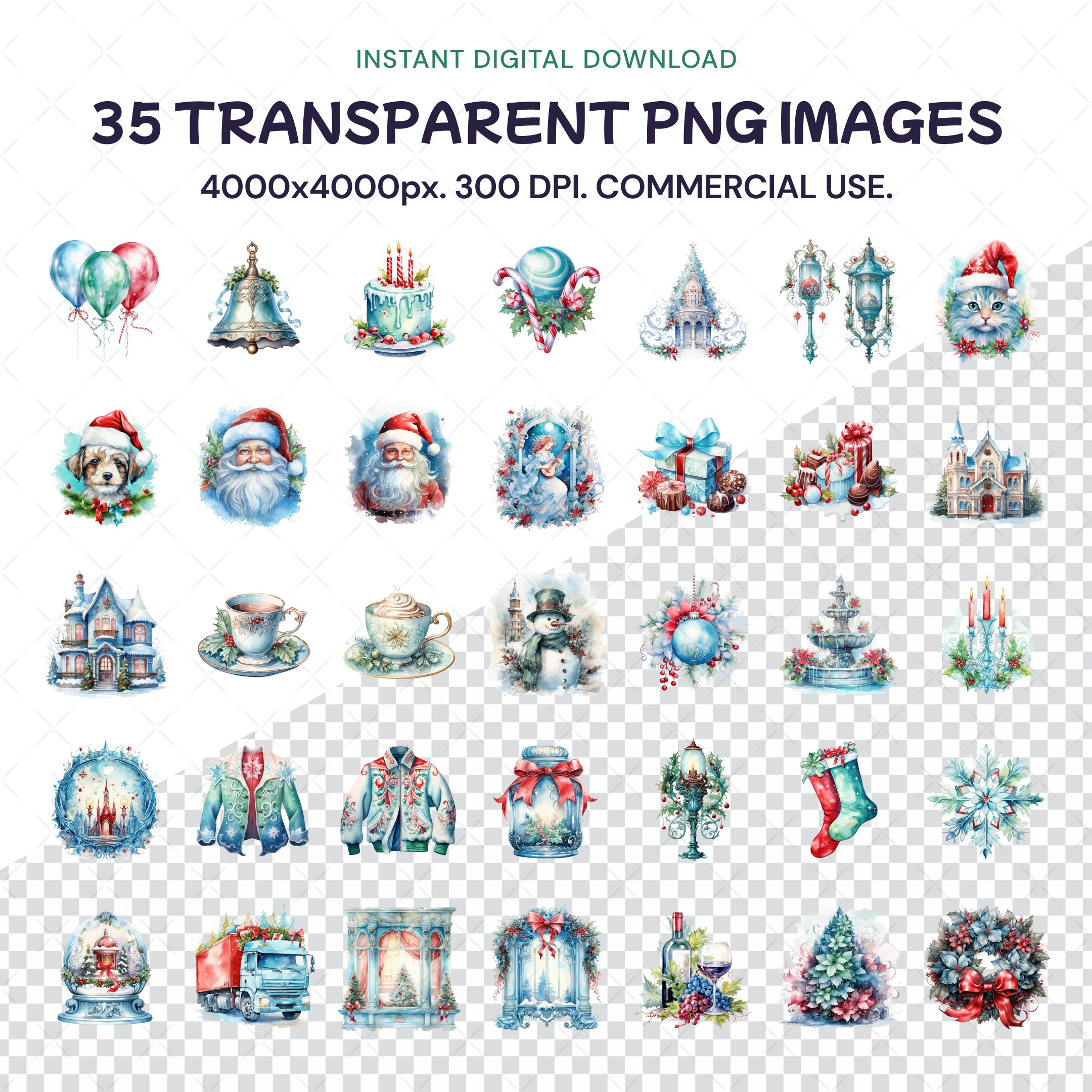 Christmas Clipart PNG Xmas Watercolor Transparent Bundle - Etsy