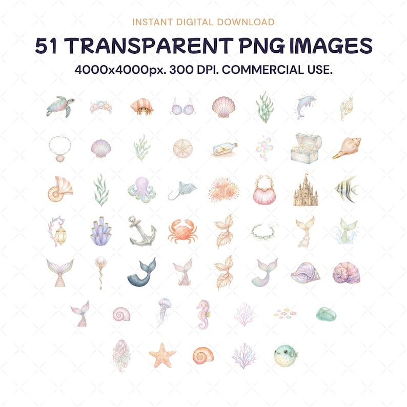 Serene Sea Life Clipart, Mermaid Tail PNG, Watercolor Ocean Shells ...