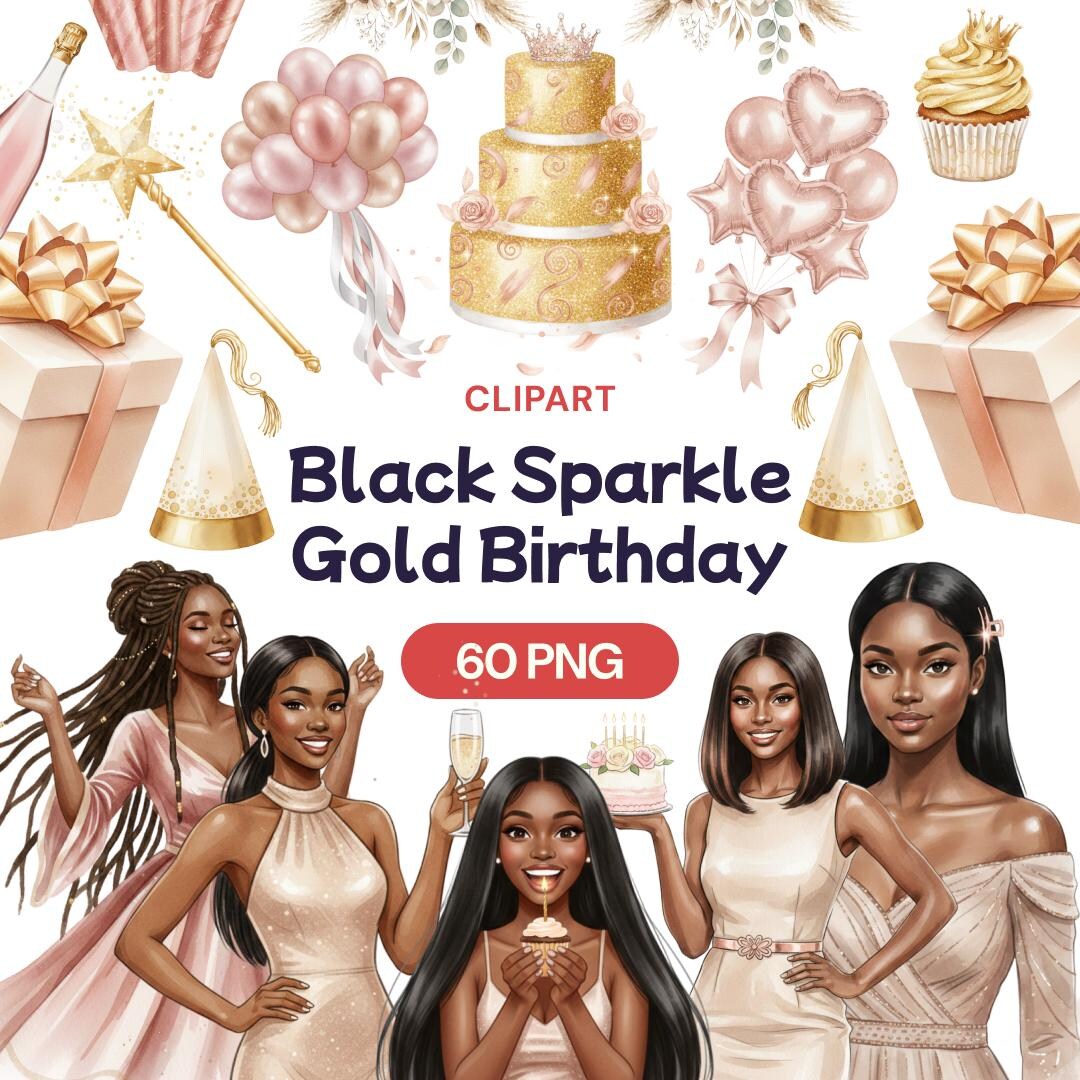 Black Sparkle Gold Birthday Clipart, 60 African American Party PNG ...