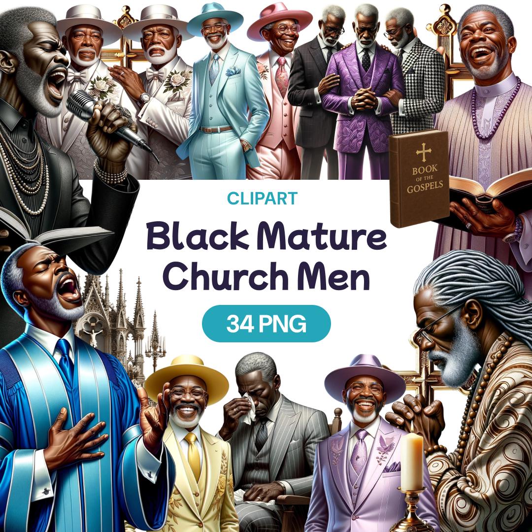 Black Mature Church Men Praying Clipart, Watercolor African American ...