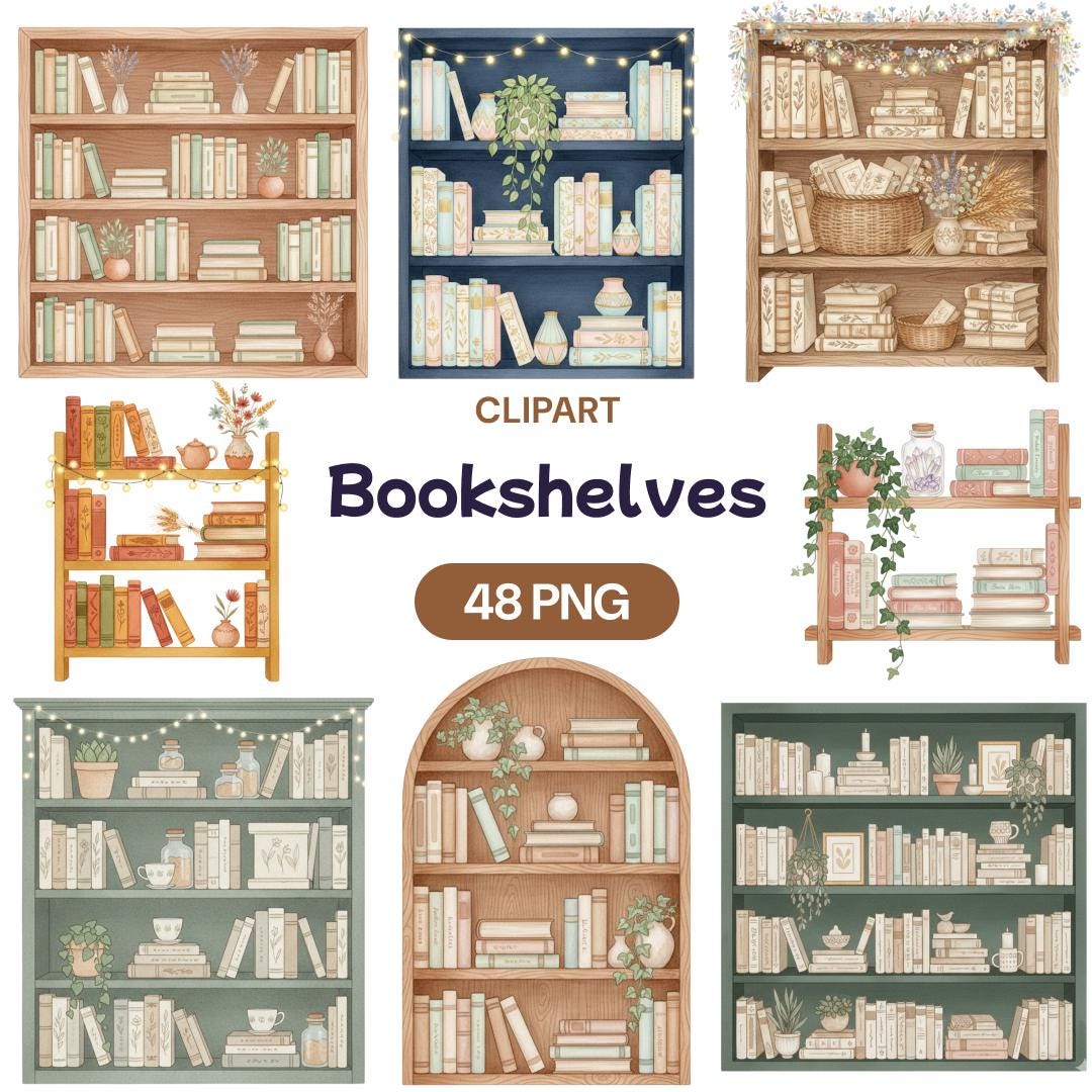 Boho Bookshelf Clipart, 48 Watercolor Book Shelf PNG, Potted Plant ...