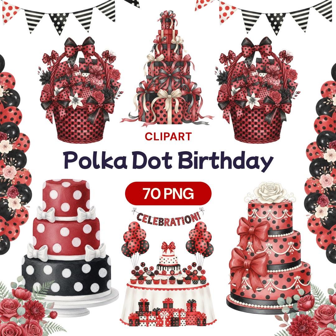 Red Black Polka Dot Birthday Clipart, 70 Watercolor Party PNG, Gift Box ...