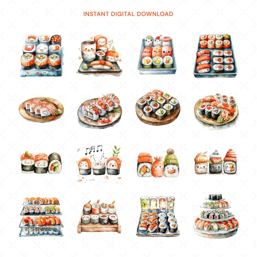 Cute Watercolor Sushi Clipart, Kawaii Japanese Asian Cuisine ...
