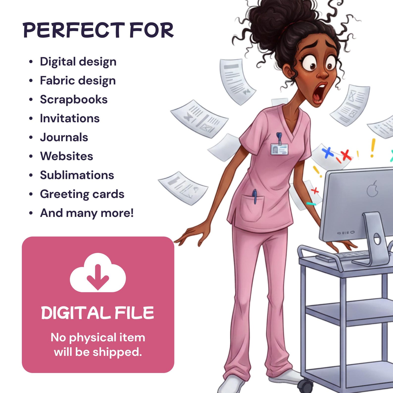 Moody Black Nurse Clipart, Funny Stressed RN PNG, Chaos Medical Worker ...